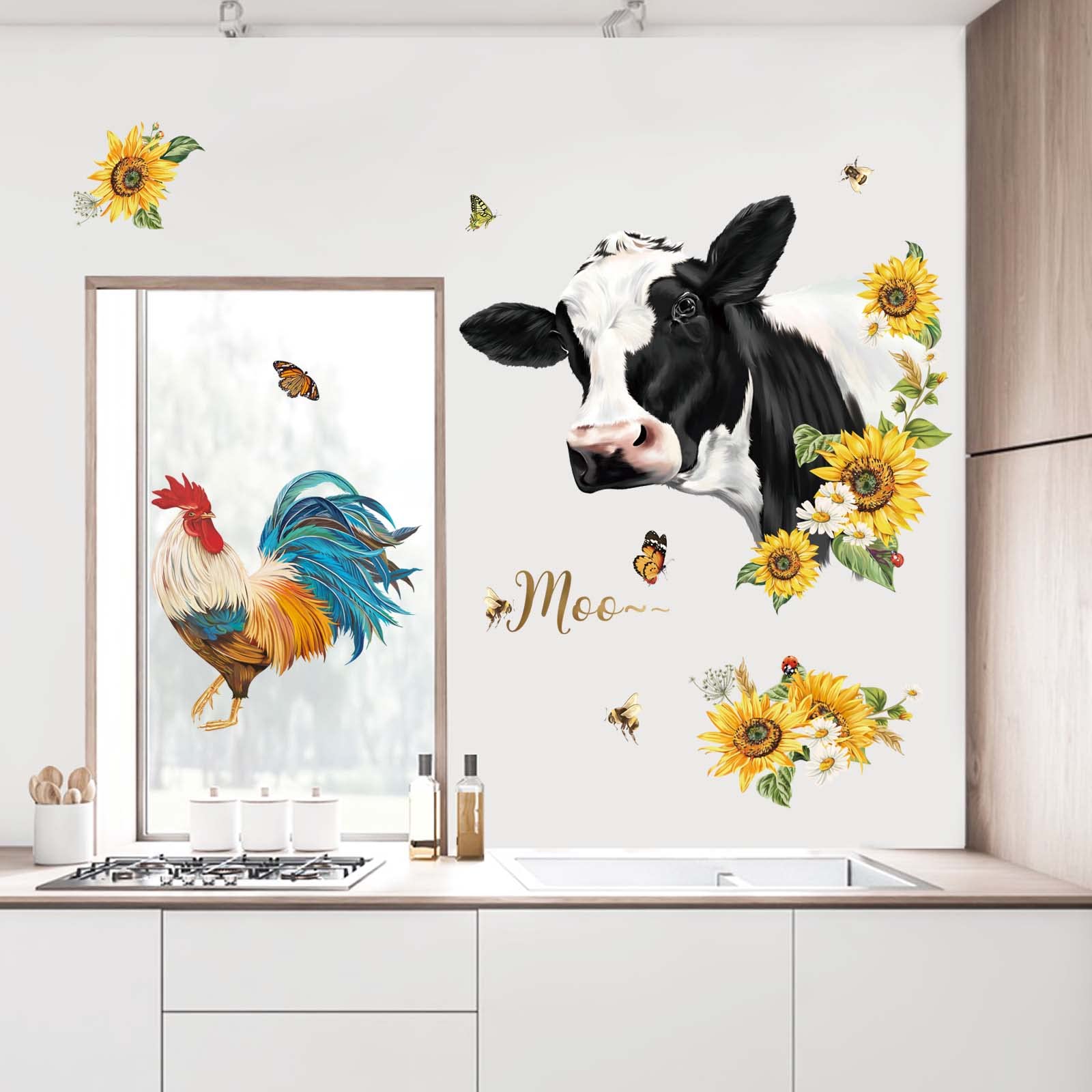 decalmile Farm Animals Cow Wall Stickers Rooster Sunflower Wall Decals Farmhouse Kitchen Dining Room Project Decor