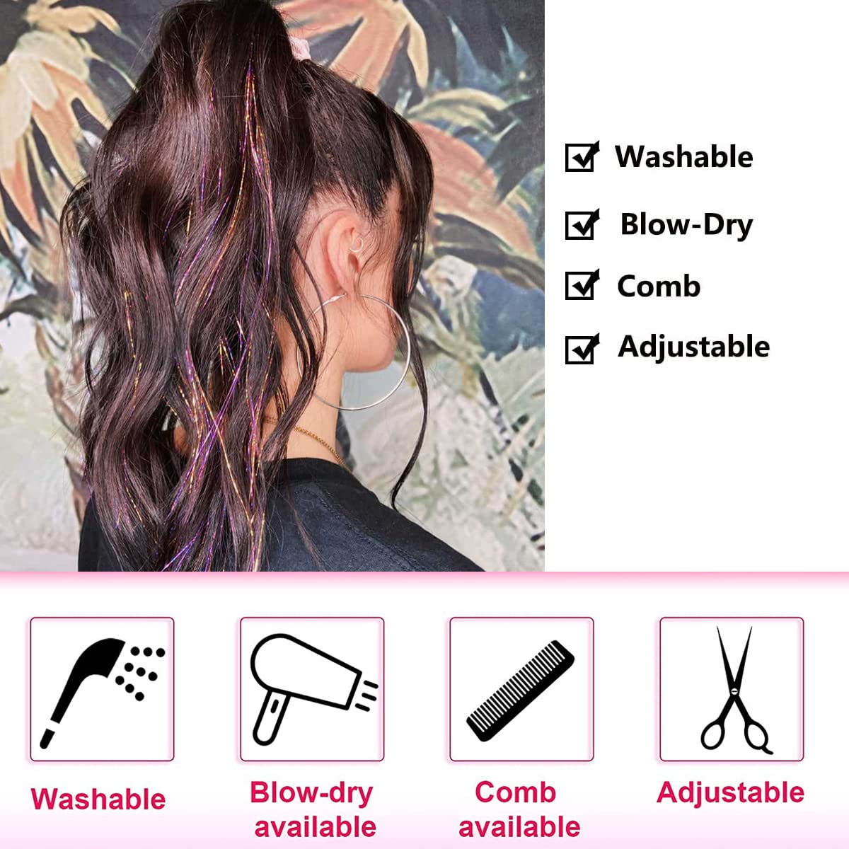 Tracy Pink Fairy Tinsel Hair Extensions With Tool 800 Strands 47 Inch Shining Pink Hair Tinsel Heat Resistant Sparkling Hair Glitter for Women and Girls Easy to Use(Shining Pink)