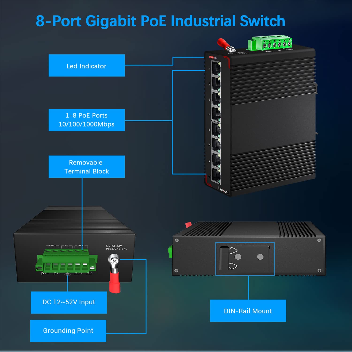 Lynxcel 8-Port PoE Gigabit Industrial Ethernet Switch, 96W PoE Output, 16Gbps Switching Capacity, IP40 Unmanaged Din Rail PoE Switch for IP Cameras, VoIP Systems and More (with Power Supply)