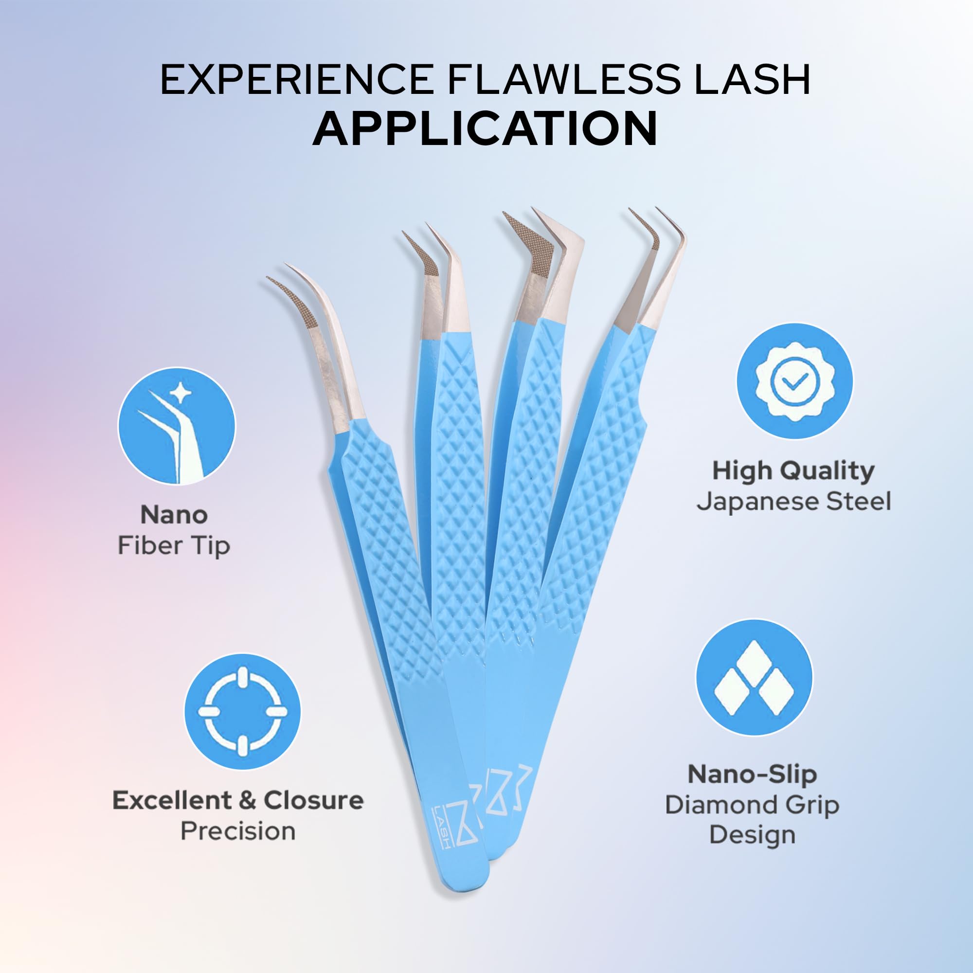 M LASH Tweezers for Eyelash Extensions (Set of 4) - Professional Lash Extension Tweezers - Fiber Tip, Japanese Steel, Diamond Grip Eyelash Extension Tweezer (Teal)