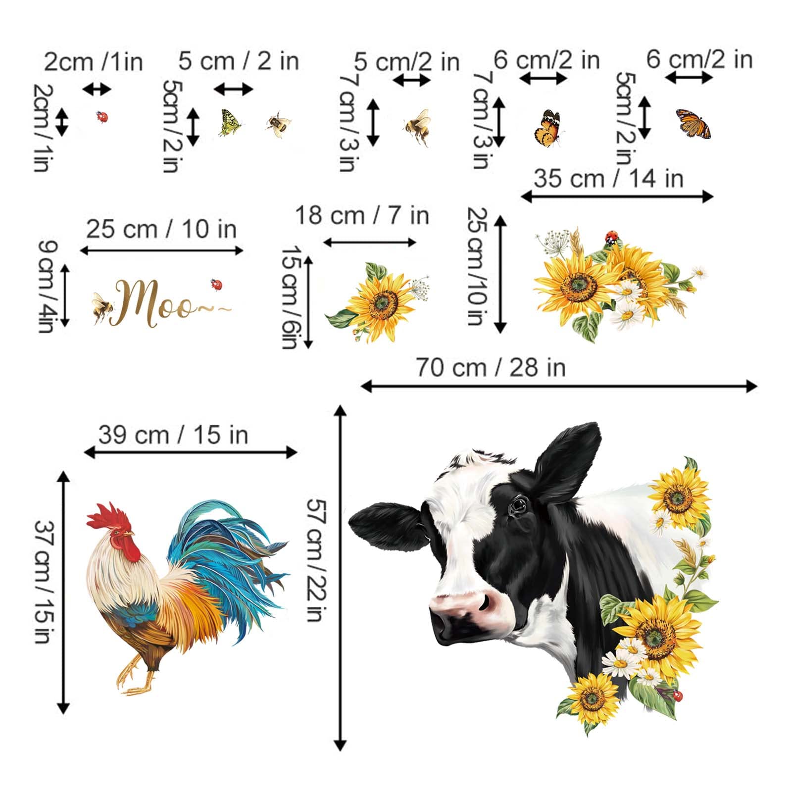 decalmile Farm Animals Cow Wall Stickers Rooster Sunflower Wall Decals Farmhouse Kitchen Dining Room Project Decor