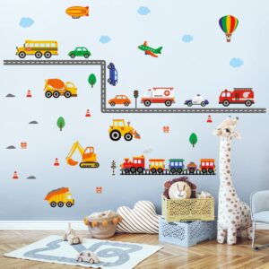 decowall ds-8047 transports wall decals stickers kids peel and stick removable nursery bedroom living construction boys childrens toddler car d?cor playroom playroom vehicles truck city road baby