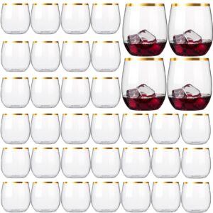 eventpartener 32 pack disposable stemless wine glasses, 12 oz plastic wine cups, gold rim unbreakable wine glasses, whiskey cocktail glasses, shatterproof clear drinking glasses for party, wedding