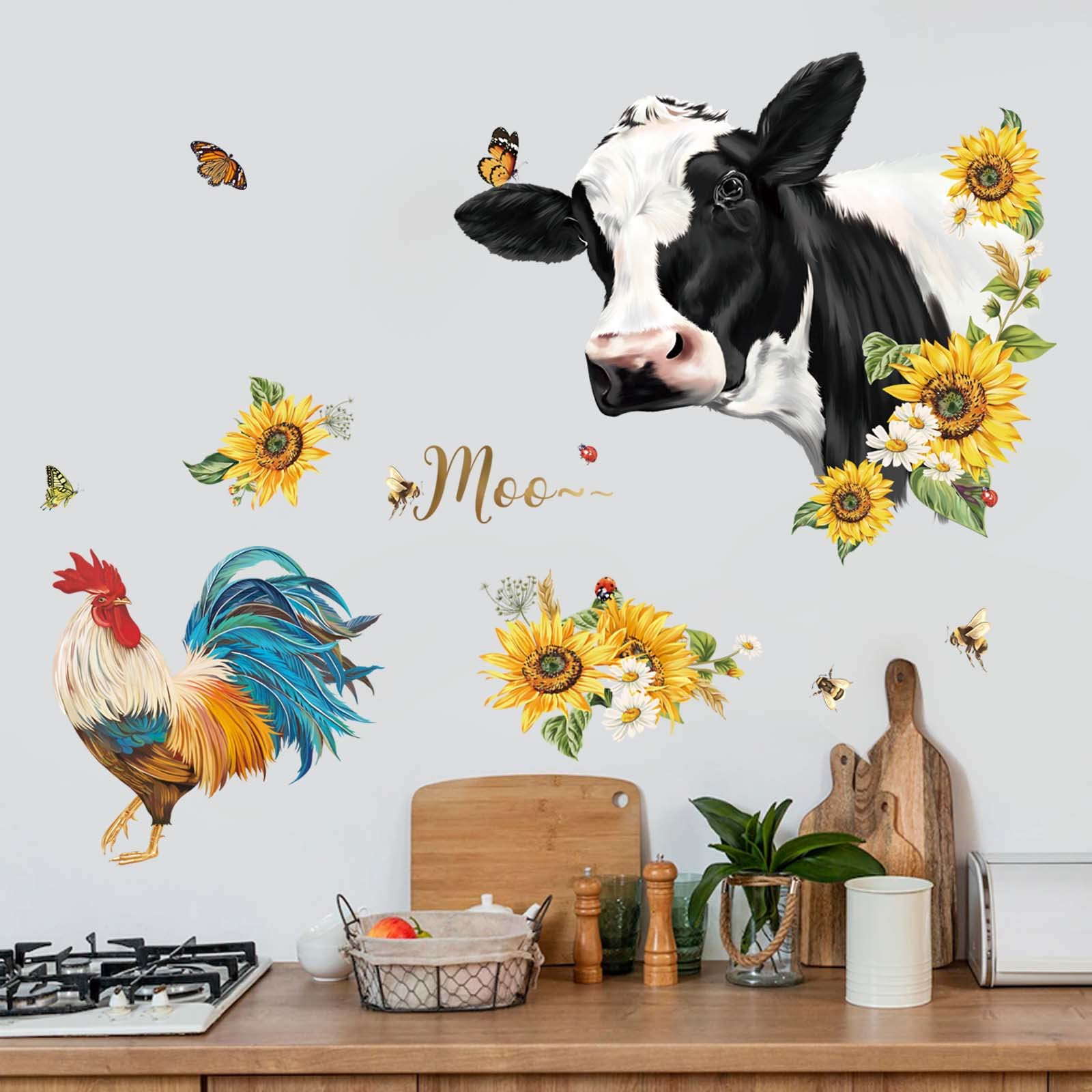 decalmile Farm Animals Cow Wall Stickers Rooster Sunflower Wall Decals Farmhouse Kitchen Dining Room Project Decor