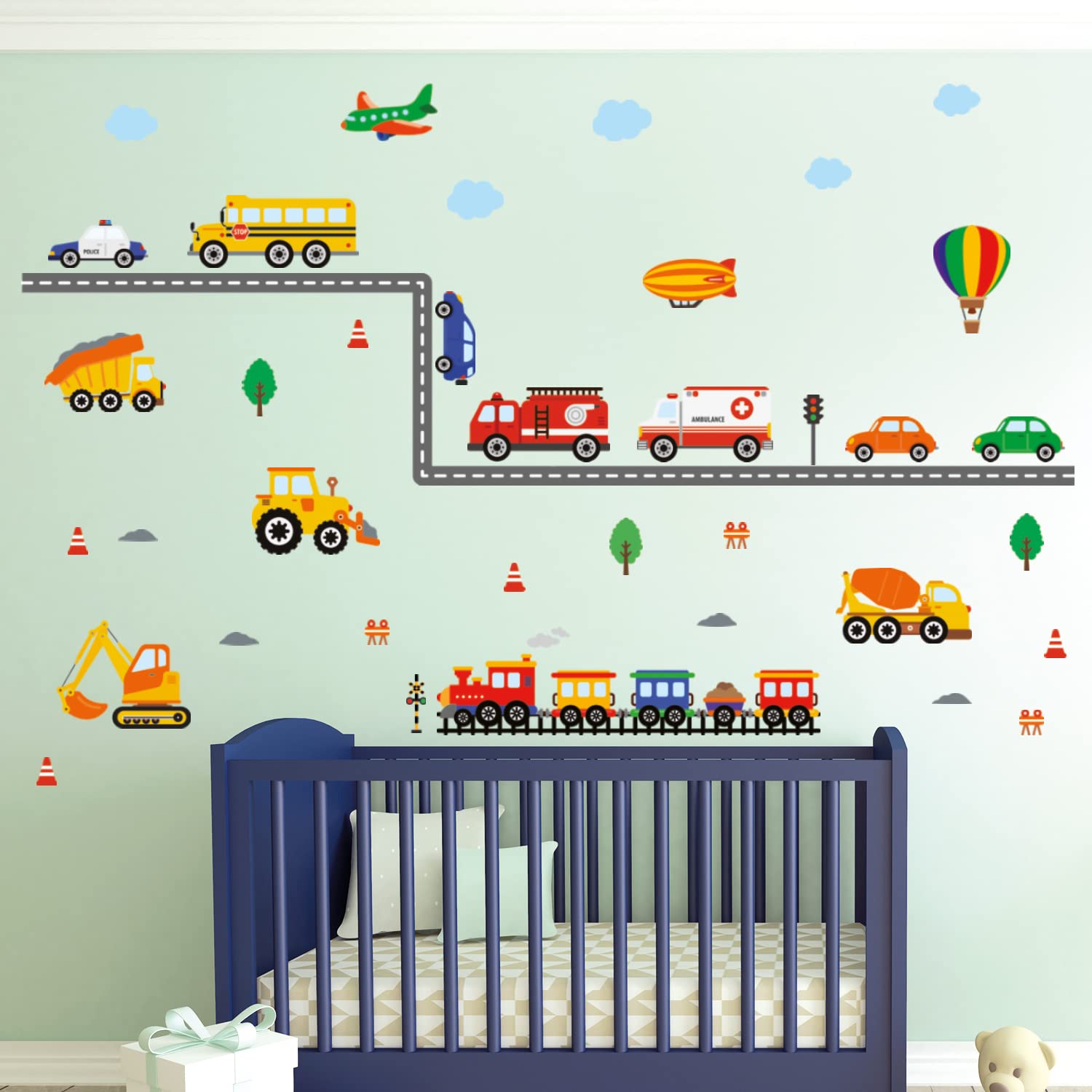 DECOWALL DS-8047 Transports Wall Decals Stickers Kids Peel and Stick Removable Nursery Bedroom Living Construction Boys Childrens Toddler car d?cor playroom playroom Vehicles Truck City Road Baby