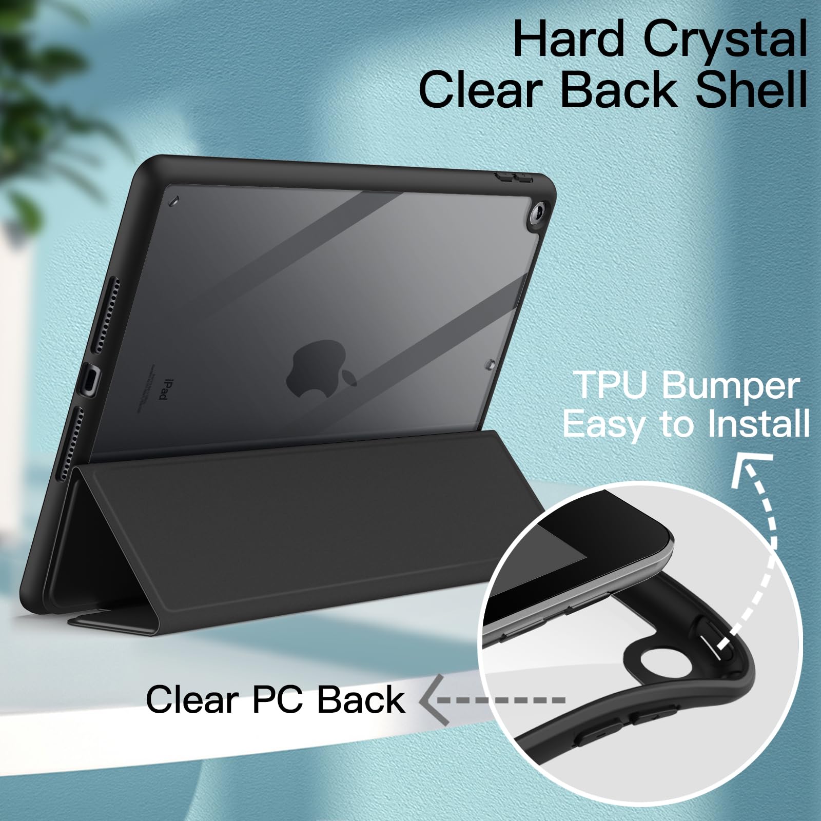 JETech Case for iPad 10.2-Inch (9th/8th/7th Generation, 2021/2020/2019) with Pencil Holder, Clear Transparent Back Shell Slim Stand Shockproof Tablet Cover, Auto Wake/Sleep (Black)