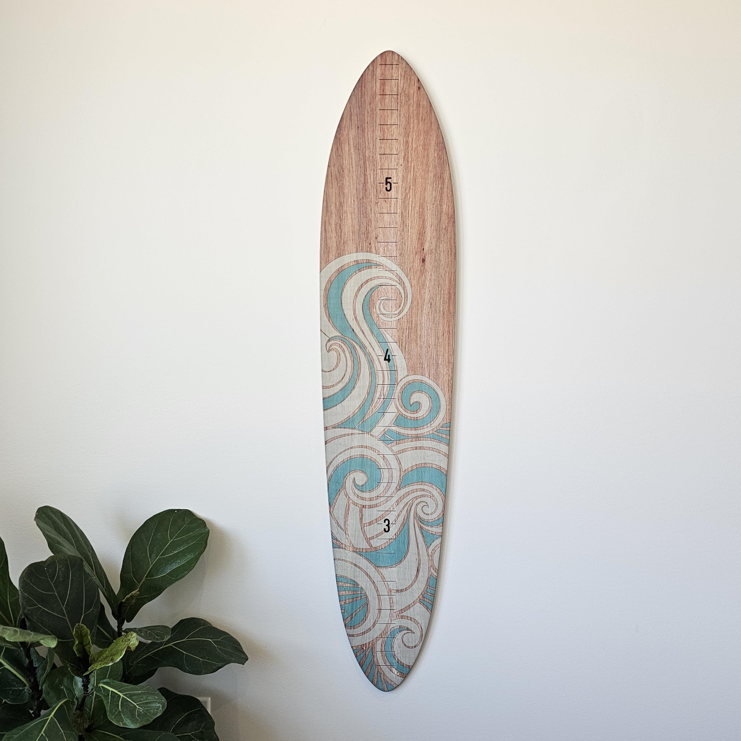 Headwaters Studio Surfboard Wooden Growth Chart for Wall - Kids Height Wall Chart Wood, Growth Chart for Kids Decorative Surfboard for Playroom (9.5" Wide x 45" Tall) Wood with Teal Wave