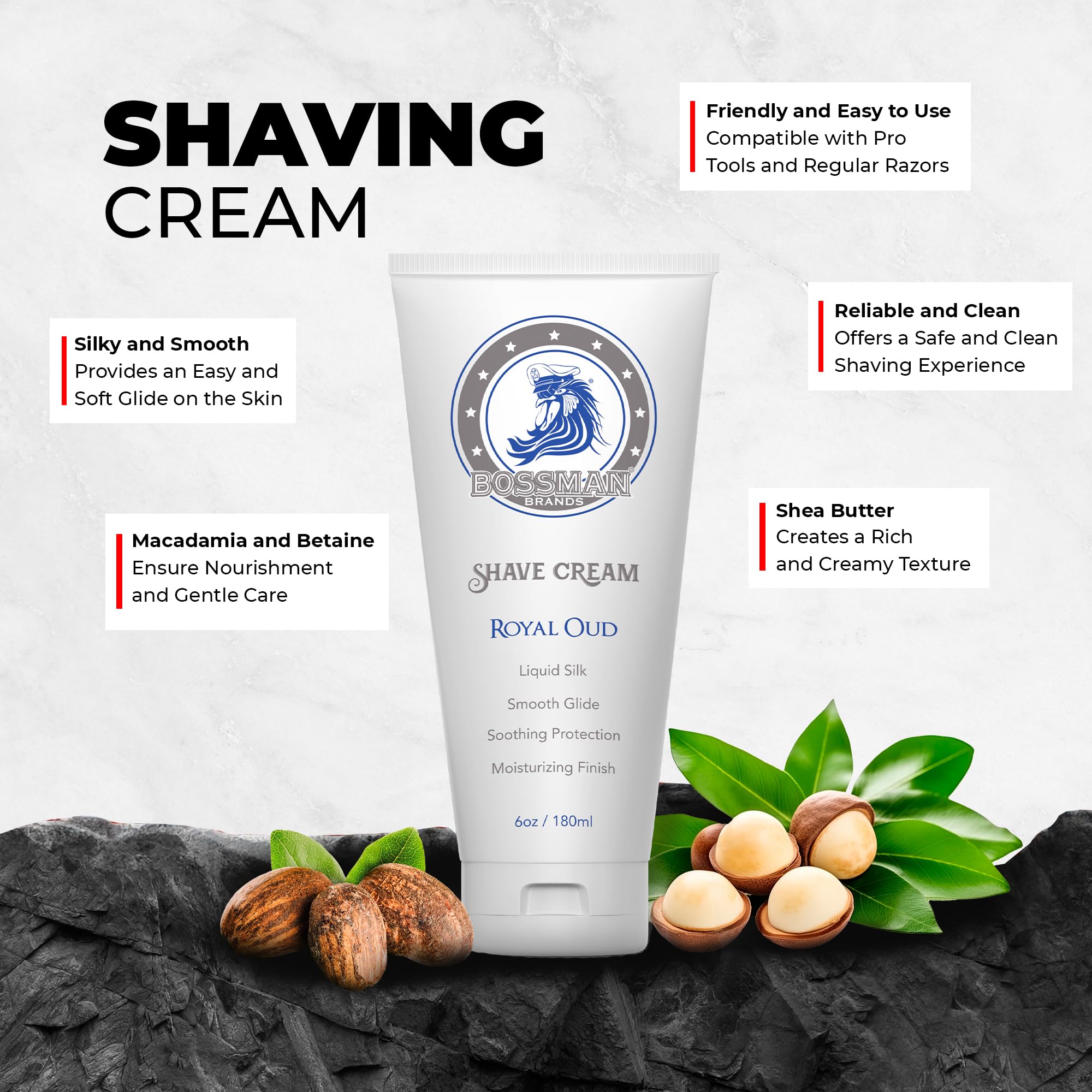 Bossman Liquid Silk Shaving Cream - Travel Shave Cream Sensitive Skin, Smooth Glide, Soothing Protection, Moisturizing Finish (Royal Oud Scent)