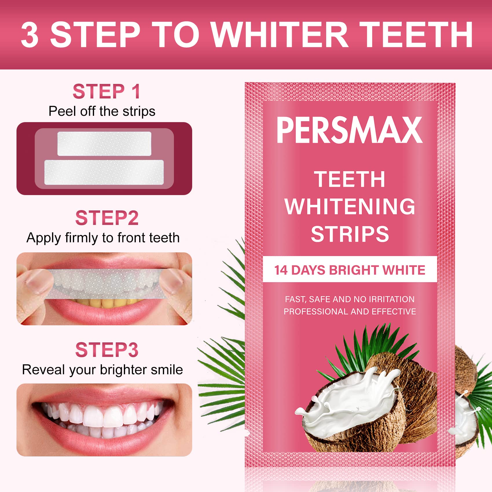 PERSMAX Teeth Whitening Strips 14 Treatments, Enamel Safe for Whiter Teeth, Non-Slip Sensitivity Free Dental Teeth Whitening Kit, Pack of 28 Strips