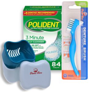 polident 3 minutes denture cleaner 84 tablets bundle dentu-care denture case and brush | easy to maintain good clean full/partial dentures mouthguards | no more spongy painful gums