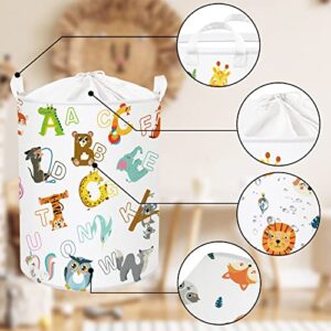 Clastyle 45L Cute Animal Alphabets Collapsible Laundry Hamper Waterproof Owl Elephant Kids Laundry Basket with Drawstring for Bedroom, 14.2 * 17.7 in