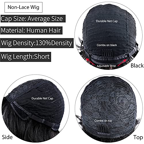 RICONEY Short Bob Wig Human Hair Pixie Cut Wig for Black Women None Lace Front Wig with Bangs Layered Wavy Full Machine Made Wig 1B Color (8 Inch 130% Density)