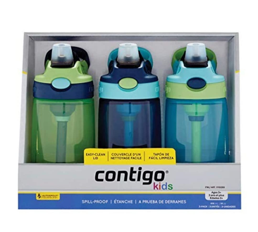 Contigo Kids Water Bottle, 14 oz with Autospout Technology – Spill Proof, Easy-Clean Lid Design – Ages 3 Plus, Top Rack Dishwasher Safe, 3-Pack, Green / Blue, blue green