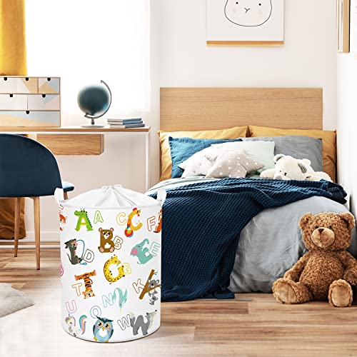 Clastyle 45L Cute Animal Alphabets Collapsible Laundry Hamper Waterproof Owl Elephant Kids Laundry Basket with Drawstring for Bedroom, 14.2 * 17.7 in