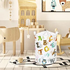 Clastyle 45L Cute Animal Alphabets Collapsible Laundry Hamper Waterproof Owl Elephant Kids Laundry Basket with Drawstring for Bedroom, 14.2 * 17.7 in