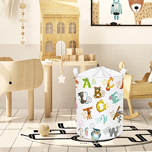 Clastyle 45L Cute Animal Alphabets Collapsible Laundry Hamper Waterproof Owl Elephant Kids Laundry Basket with Drawstring for Bedroom, 14.2 * 17.7 in