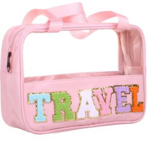 cruoxibb chenille letter patch clear pvc and pu leather large travel makeup toiletry storage bag waterproof makeup tote bag for women (travel-pink)