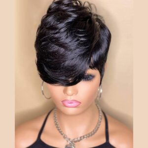 RICONEY Short Bob Wig Human Hair Pixie Cut Wig for Black Women None Lace Front Wig with Bangs Layered Wavy Full Machine Made Wig 1B Color (8 Inch 130% Density)