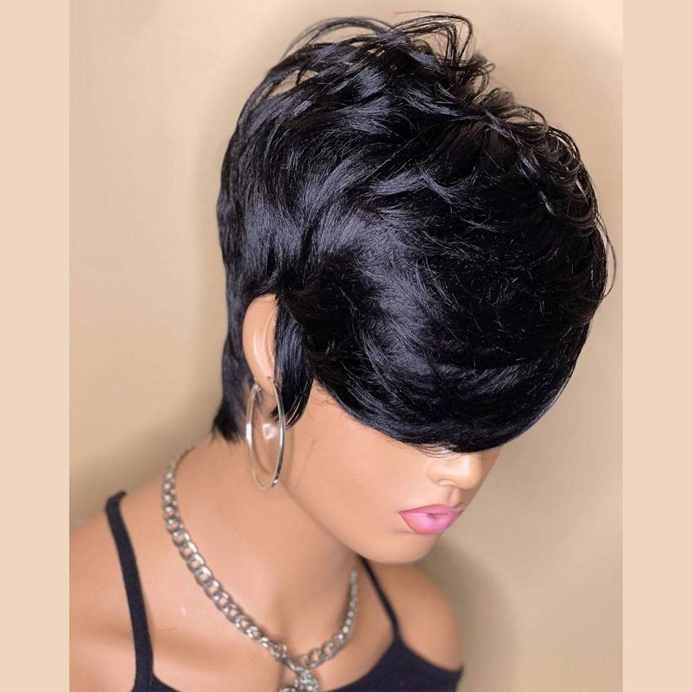 RICONEY Short Bob Wig Human Hair Pixie Cut Wig for Black Women None Lace Front Wig with Bangs Layered Wavy Full Machine Made Wig 1B Color (8 Inch 130% Density)