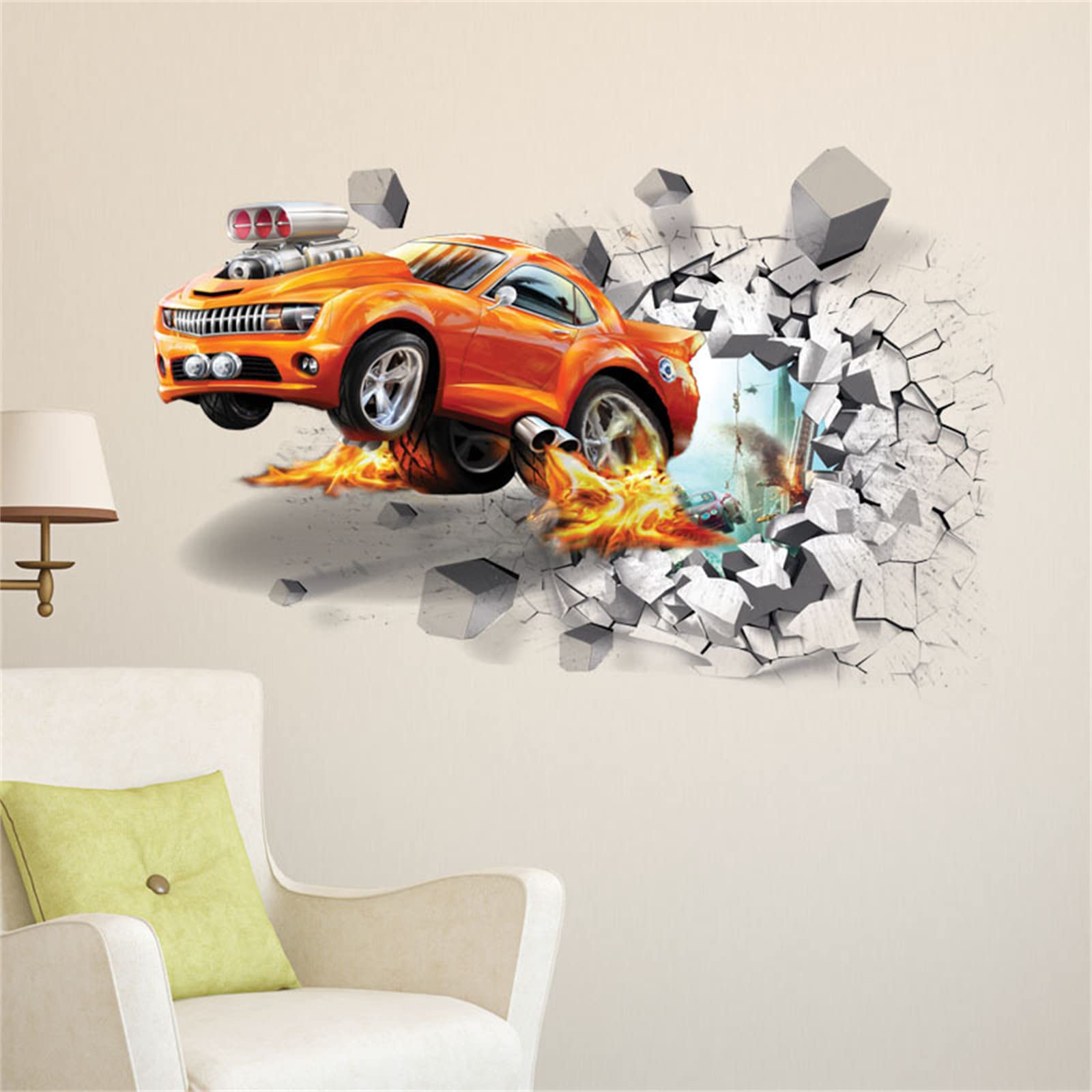 Dynamic Car Wall Stickers, Breaking Wall Creative 3D Wall Decals, Self Adhesive Removable, Art Decal Mural Wall Decor, Kids Boy Room Bedroom Playroom Wall Decoration（19.6'' × 27.5''） (car2)