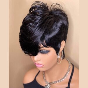 RICONEY Short Bob Wig Human Hair Pixie Cut Wig for Black Women None Lace Front Wig with Bangs Layered Wavy Full Machine Made Wig 1B Color (8 Inch 130% Density)