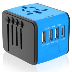 apzek universal travel adapter, international power adapter with 3usb + 1type c ports, european worldwide ac outlet plugs charger for europe uk us au asia 200+ countries, blue