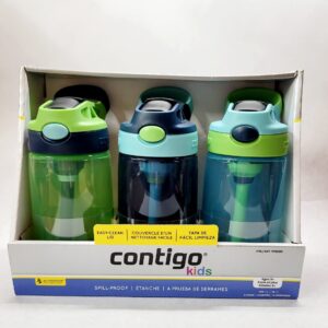 Contigo Kids Water Bottle, 14 oz with Autospout Technology – Spill Proof, Easy-Clean Lid Design – Ages 3 Plus, Top Rack Dishwasher Safe, 3-Pack, Green / Blue, blue green