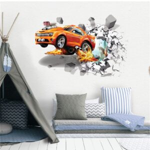 Dynamic Car Wall Stickers, Breaking Wall Creative 3D Wall Decals, Self Adhesive Removable, Art Decal Mural Wall Decor, Kids Boy Room Bedroom Playroom Wall Decoration（19.6'' × 27.5''） (car2)