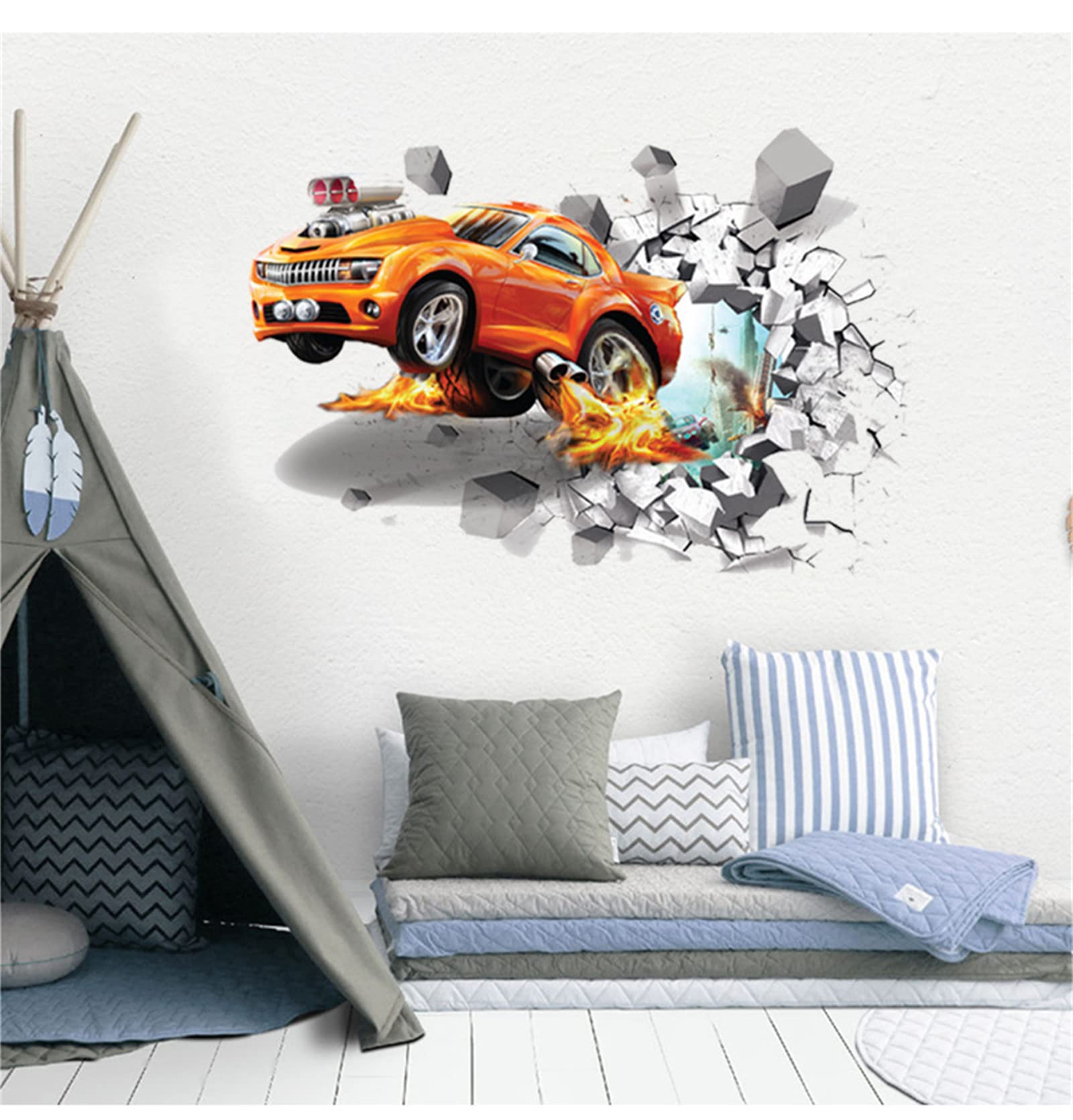 Dynamic Car Wall Stickers, Breaking Wall Creative 3D Wall Decals, Self Adhesive Removable, Art Decal Mural Wall Decor, Kids Boy Room Bedroom Playroom Wall Decoration（19.6'' × 27.5''） (car2)