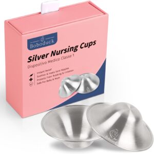 boboduck the original silver nursing cups - nipple shields for nursing newborn, newborn breastfeeding must haves for soothe and protect your nursing nipples - trilaminate 999 silver (regular size)