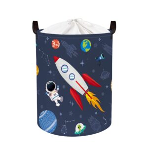 clastyle 45l rocket astronaut laundry hamper for bedroom waterproof collapsible blue universe toys storage basket with drawstring, 14.2 * 17.7 in