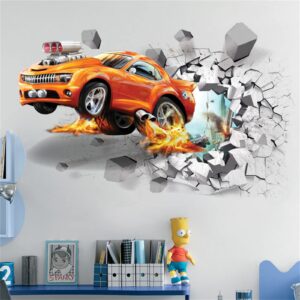 dynamic car wall stickers, breaking wall creative 3d wall decals, self adhesive removable, art decal mural wall decor, kids boy room bedroom playroom wall decoration（19.6'' × 27.5''） (car2)