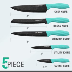 HAUSHOF Kitchen Knife Set, 5 PCS Knife Sets with Arcylic Block, Teflon Coated Green Knives Set for Kitchen, Premium Stainless Steel Knives Set with Ergonomic Handle, Great for Slicing, Dicing&Cutting