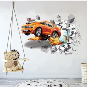 Dynamic Car Wall Stickers, Breaking Wall Creative 3D Wall Decals, Self Adhesive Removable, Art Decal Mural Wall Decor, Kids Boy Room Bedroom Playroom Wall Decoration（19.6'' × 27.5''） (car2)