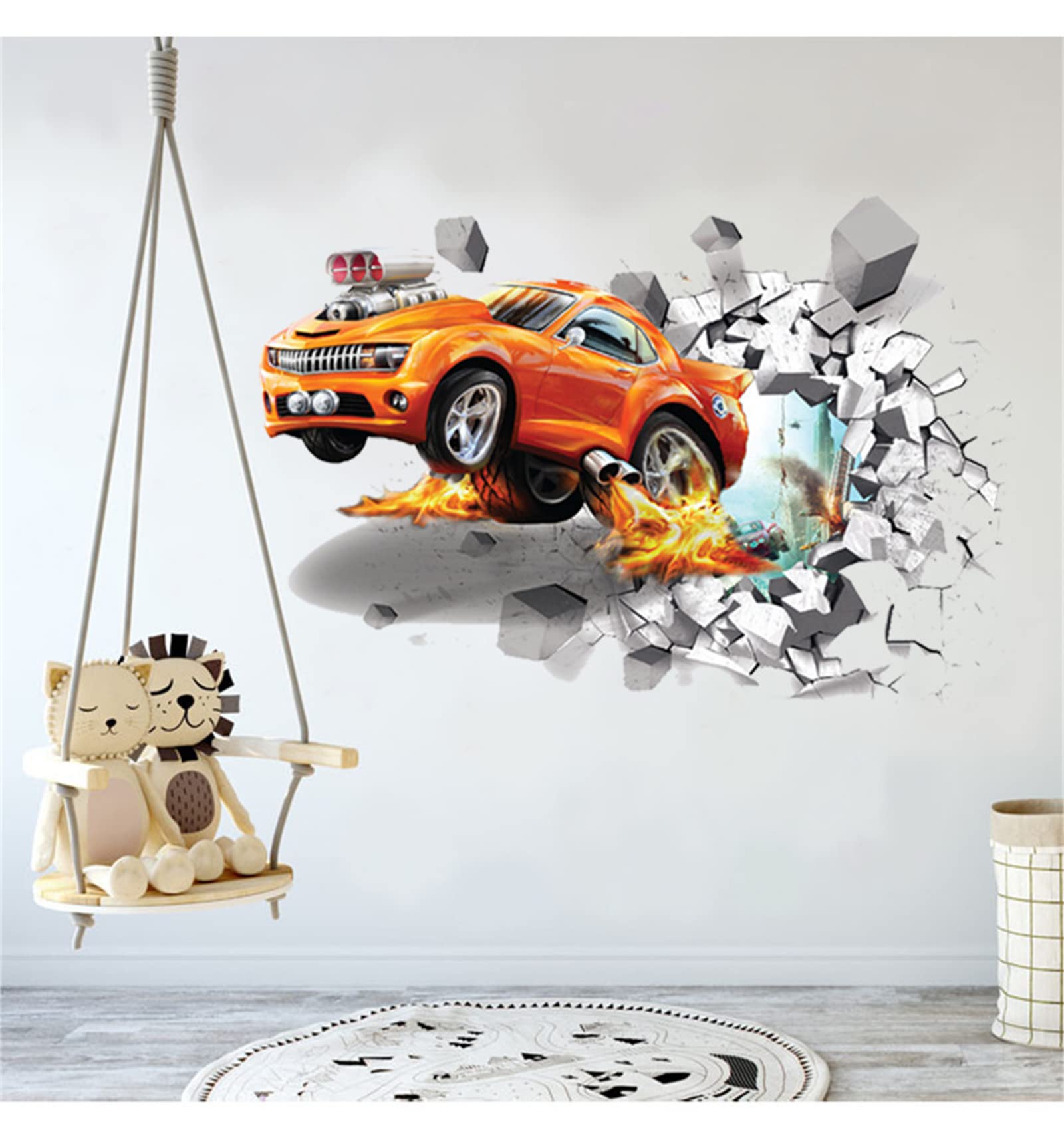 Dynamic Car Wall Stickers, Breaking Wall Creative 3D Wall Decals, Self Adhesive Removable, Art Decal Mural Wall Decor, Kids Boy Room Bedroom Playroom Wall Decoration（19.6'' × 27.5''） (car2)