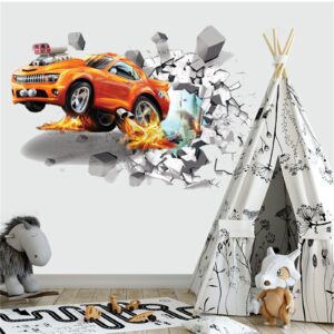 Dynamic Car Wall Stickers, Breaking Wall Creative 3D Wall Decals, Self Adhesive Removable, Art Decal Mural Wall Decor, Kids Boy Room Bedroom Playroom Wall Decoration（19.6'' × 27.5''） (car2)