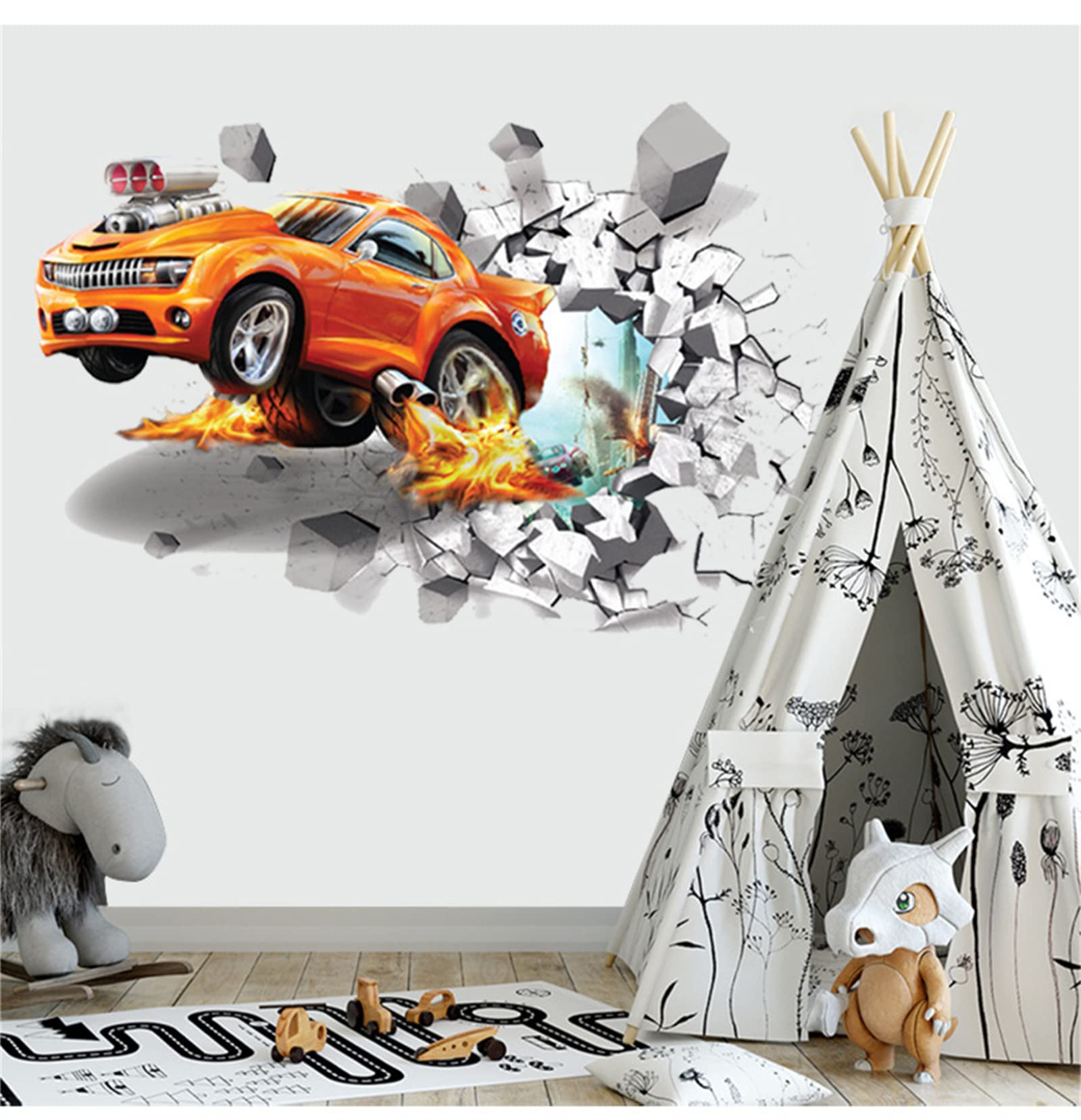 Dynamic Car Wall Stickers, Breaking Wall Creative 3D Wall Decals, Self Adhesive Removable, Art Decal Mural Wall Decor, Kids Boy Room Bedroom Playroom Wall Decoration（19.6'' × 27.5''） (car2)