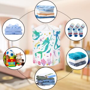 Clastyle 45L Blue Mermaid Nursery Hamper for Girls Collapsible Sea Coral Clothes Toy Baby Basket with Lid for Bathroom