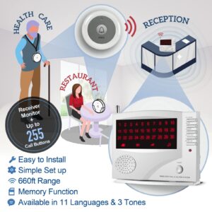 SYNLETT Wireless Calling System Nurse Call System for Nursing Home Clinic Restaurant, 15 Call Buttons with 1 Monitoring Unit for Caregivers Elderly Patients Seniors 11 Languages 3 Alert Tones, White