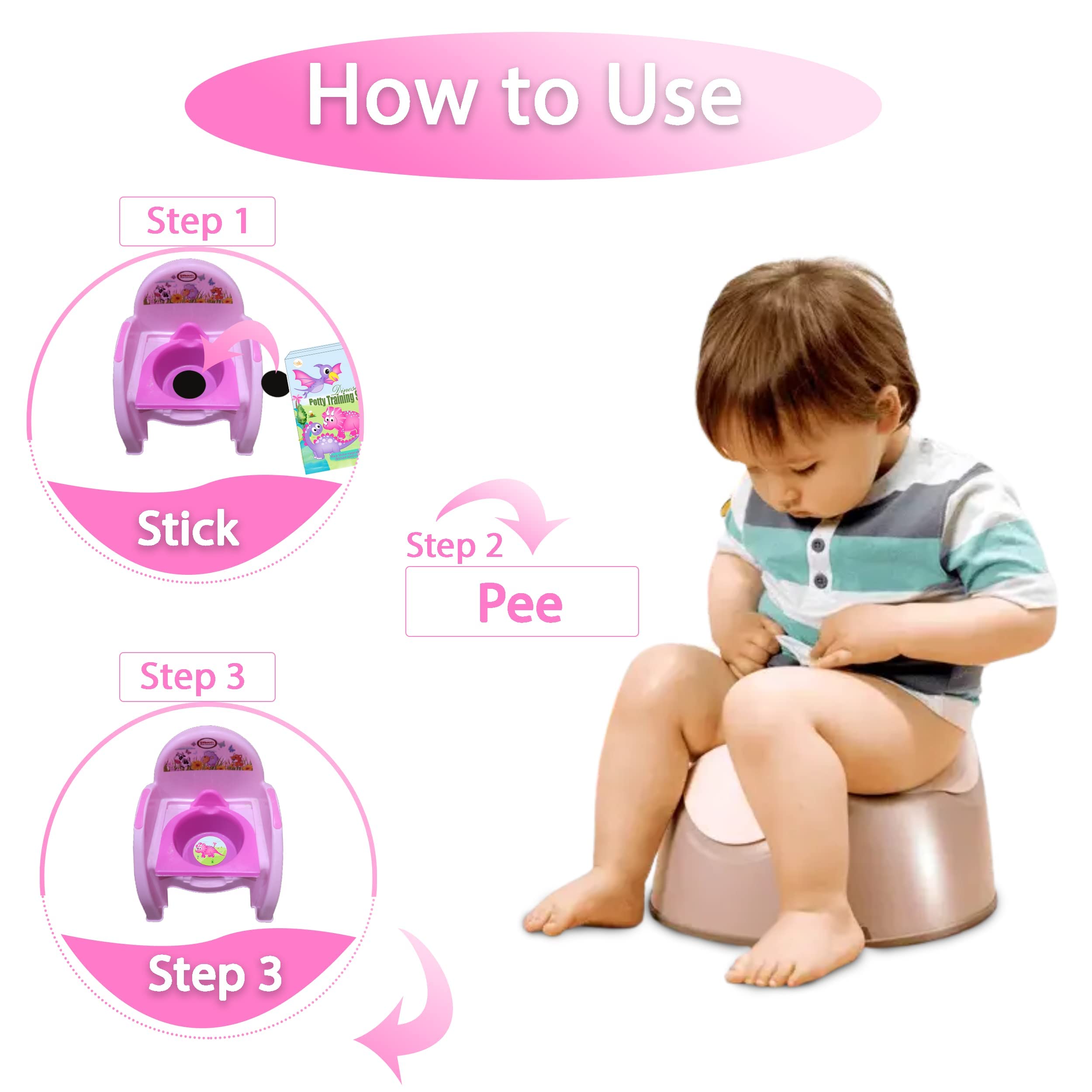 Magic Potty Training Stickers Pack - Potty Training Seat Magic Sticker | Girl Dinosaur Toddler Potty Training Toilet Sticker | 5Pack w/Potty Reward eBook | Use w/or W/Out Potty Chart or Watch