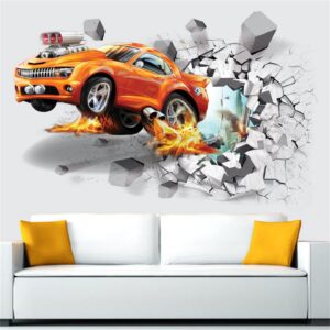 Dynamic Car Wall Stickers, Breaking Wall Creative 3D Wall Decals, Self Adhesive Removable, Art Decal Mural Wall Decor, Kids Boy Room Bedroom Playroom Wall Decoration（19.6'' × 27.5''） (car2)