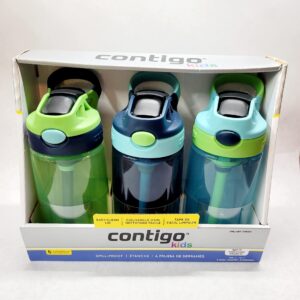 Contigo Kids Water Bottle, 14 oz with Autospout Technology – Spill Proof, Easy-Clean Lid Design – Ages 3 Plus, Top Rack Dishwasher Safe, 3-Pack, Green / Blue, blue green