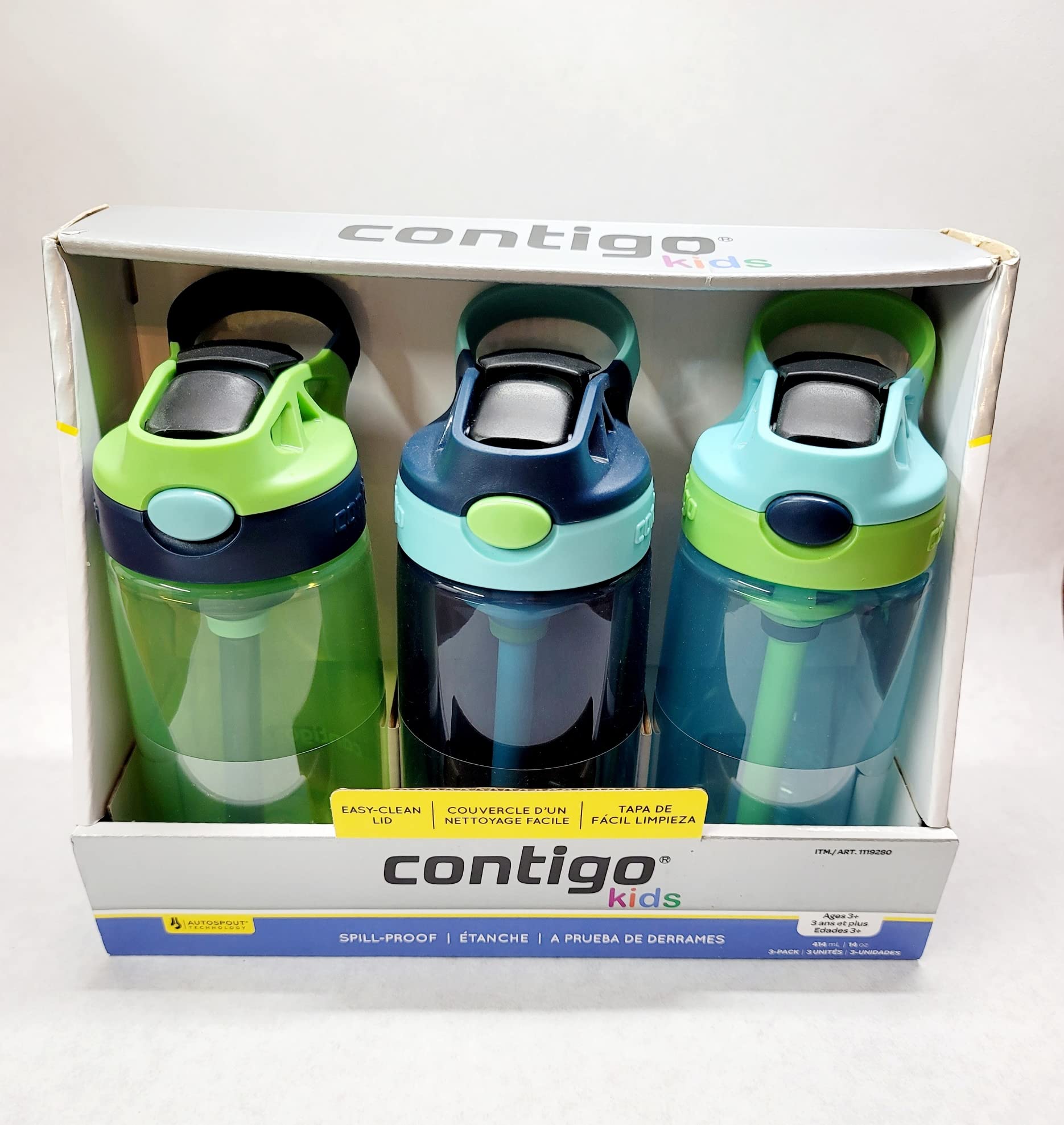 Contigo Kids Water Bottle, 14 oz with Autospout Technology – Spill Proof, Easy-Clean Lid Design – Ages 3 Plus, Top Rack Dishwasher Safe, 3-Pack, Green / Blue, blue green