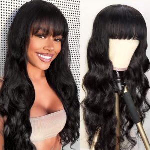 body wave wigs with bangs human hair wigs for black women none lace front wigs 150% density brazilian virgin hair glueless machine made wig natural color(20 inch, body wave)