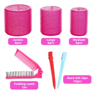 Jumbo Size Self Grip Hair Rollers Set, Salon Hair Set,with Hair Dressing Curlers (Jumbo, Large, Medium), Folding Pocket Comb, Duckbill Clips