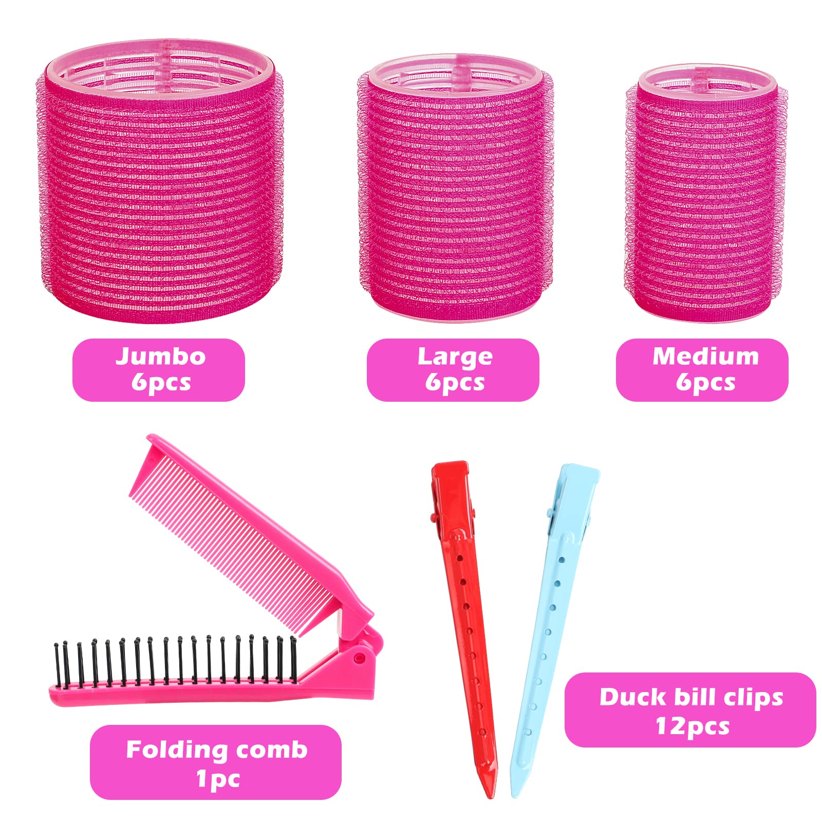 Jumbo Size Self Grip Hair Rollers Set, Salon Hair Set,with Hair Dressing Curlers (Jumbo, Large, Medium), Folding Pocket Comb, Duckbill Clips