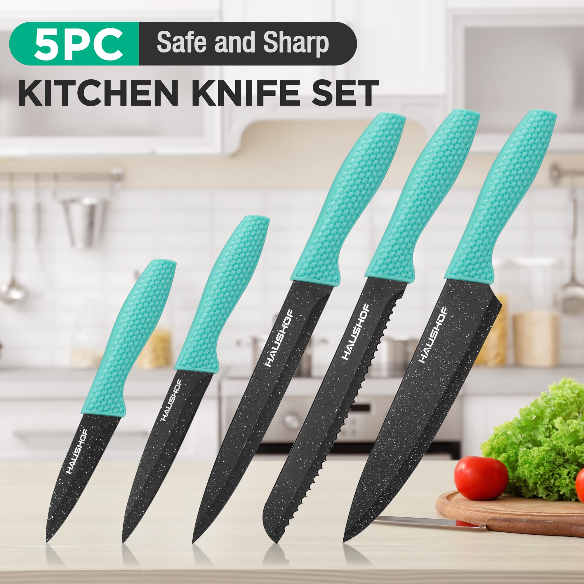 HAUSHOF Kitchen Knife Set, 5 PCS Knife Sets with Arcylic Block, Teflon Coated Green Knives Set for Kitchen, Premium Stainless Steel Knives Set with Ergonomic Handle, Great for Slicing, Dicing&Cutting