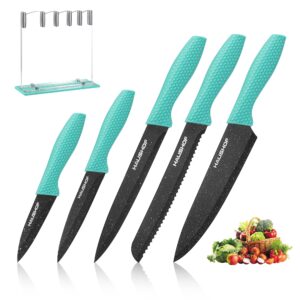 haushof kitchen knife set, 5 pcs knife sets with arcylic block, teflon coated green knives set for kitchen, premium stainless steel knives set with ergonomic handle, great for slicing, dicing&cutting