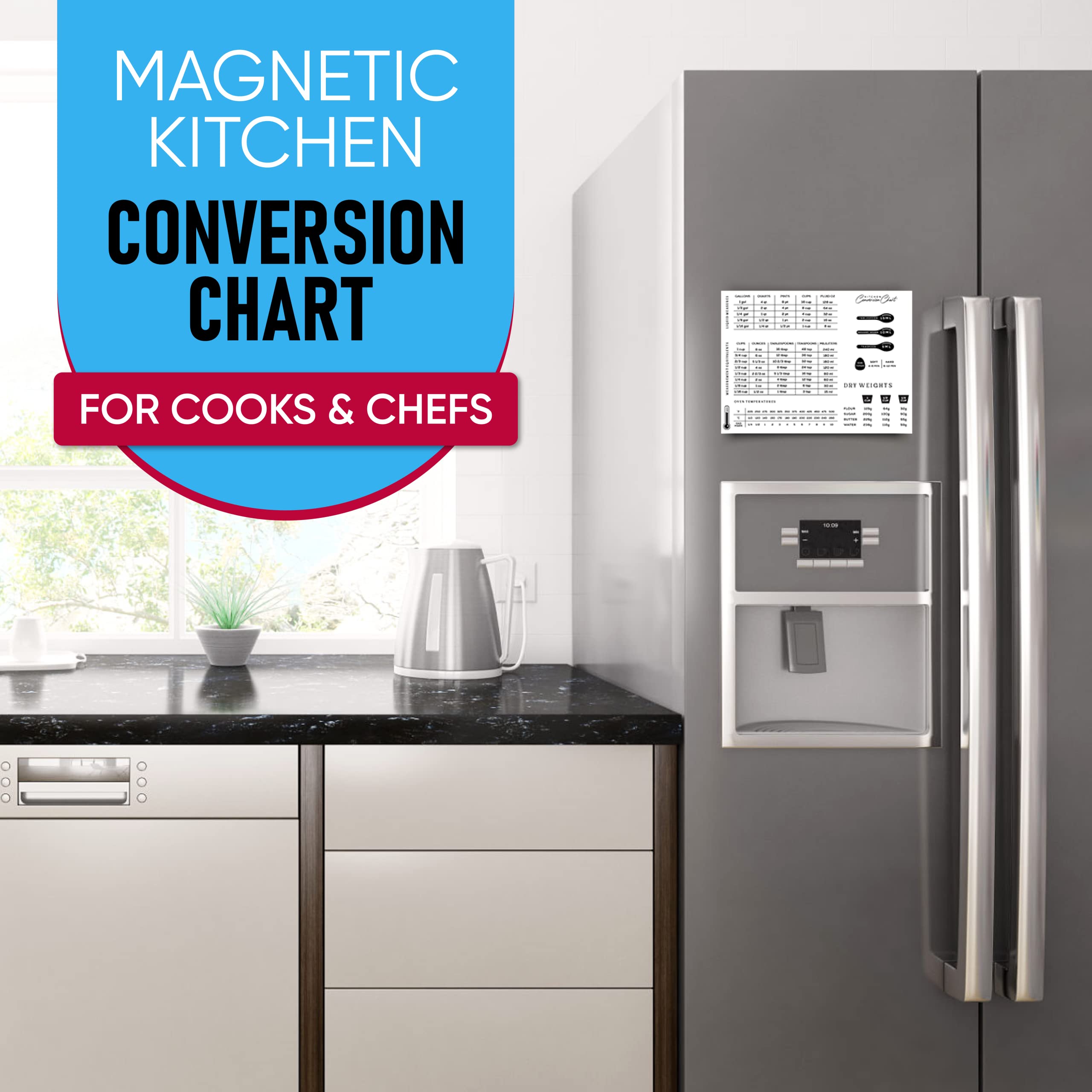 Magnetic Kitchen Conversion Chart for Liquid, Weight, and Measurements - For Cooking and Baking Recipes