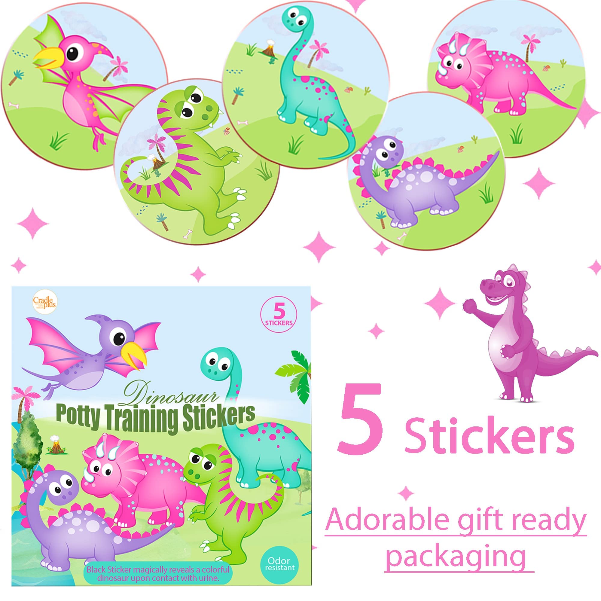 Magic Potty Training Stickers Pack - Potty Training Seat Magic Sticker | Girl Dinosaur Toddler Potty Training Toilet Sticker | 5Pack w/Potty Reward eBook | Use w/or W/Out Potty Chart or Watch